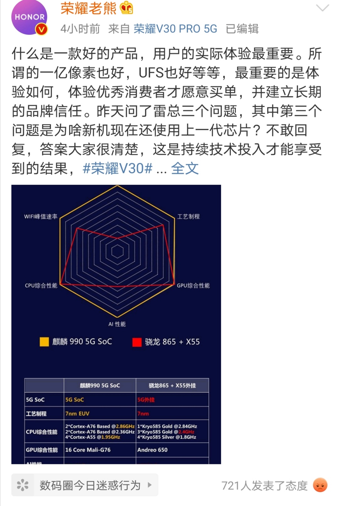 荣耀熊军民芯片科普 麒麟990 5G SoC芯片领先对手一年半